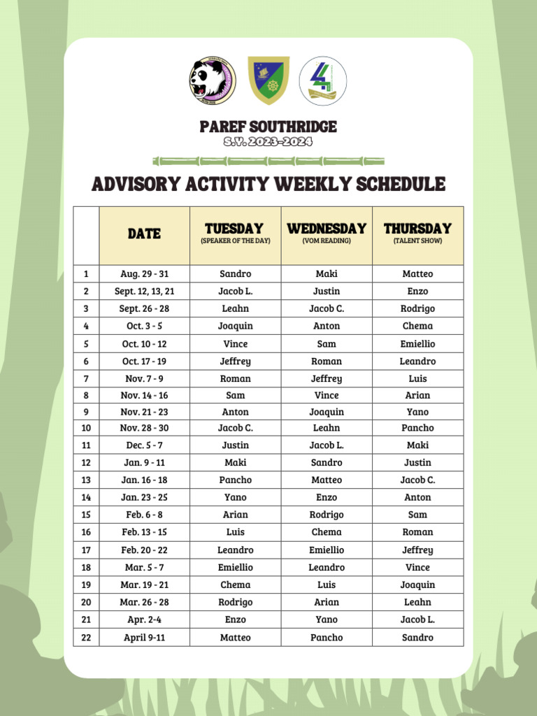 Advisory Activity Weekly Schedule | PDF