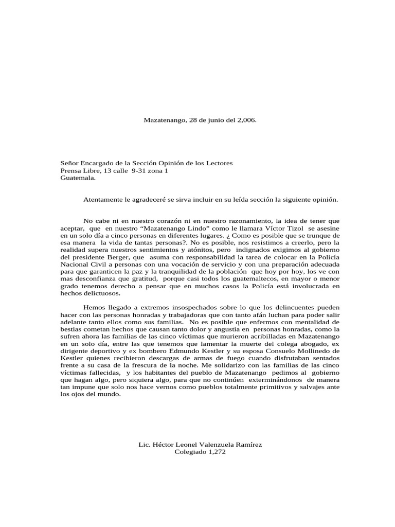 CartaAPrensaLibrepor La Muerte de Mundo Kestler | PDF