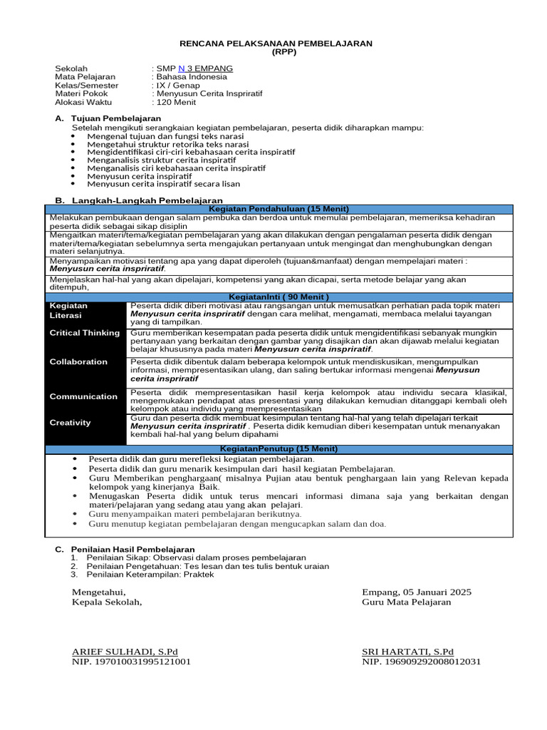 6 RPP 1 lembar Bahasa Indonesia Kls.9 Sem.2 - www.kherysuryawan.id | PDF