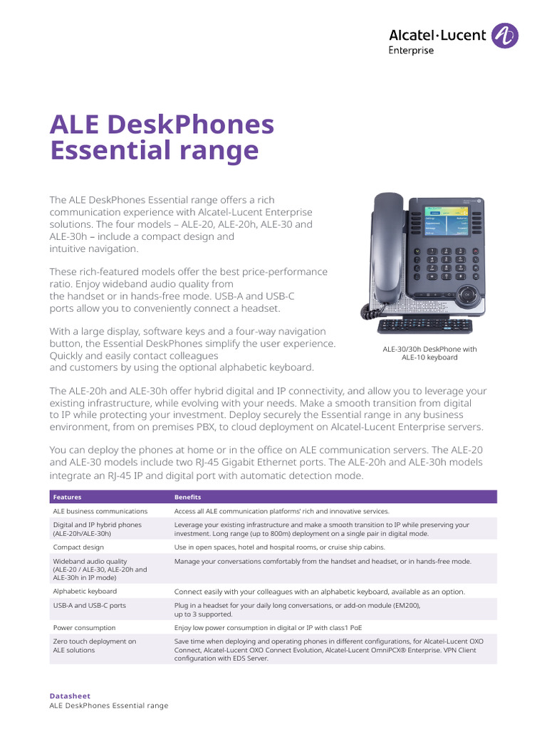 Ale Deskphones Essential Datasheet en Telefonos | PDF | Usb | Telephone