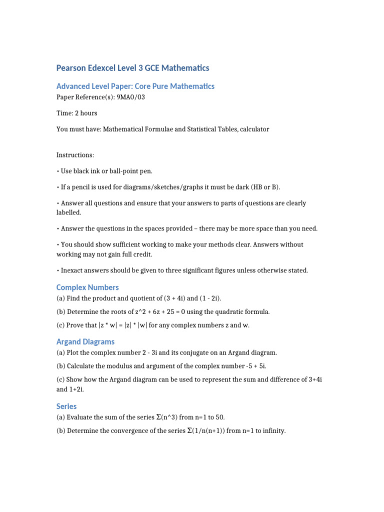Edexcel Level 3 Core Pure Maths Exam | PDF