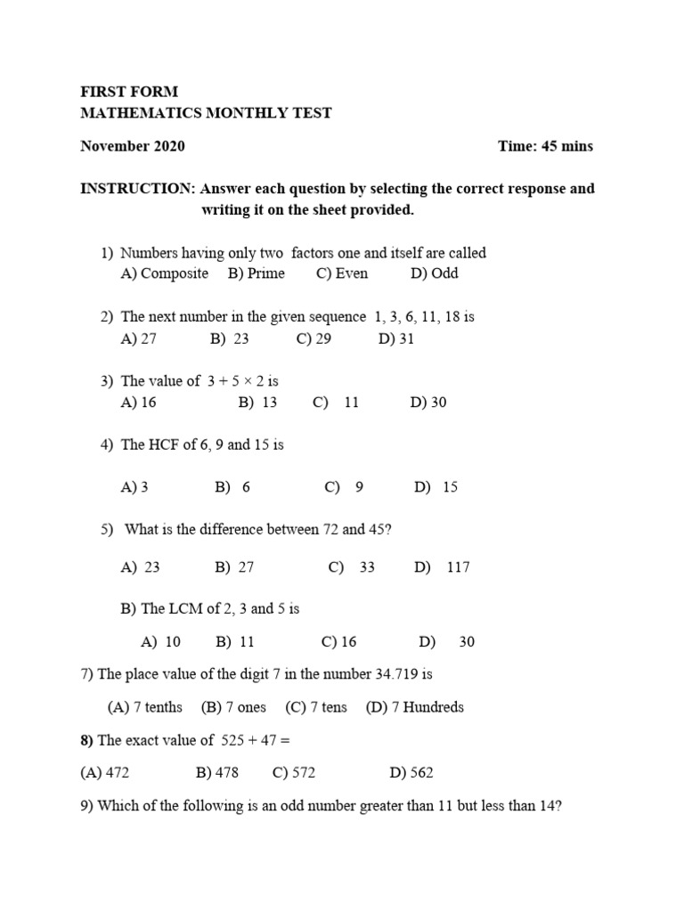[Template] Final copy-- First Form Montly Test final final | PDF | Odds ...