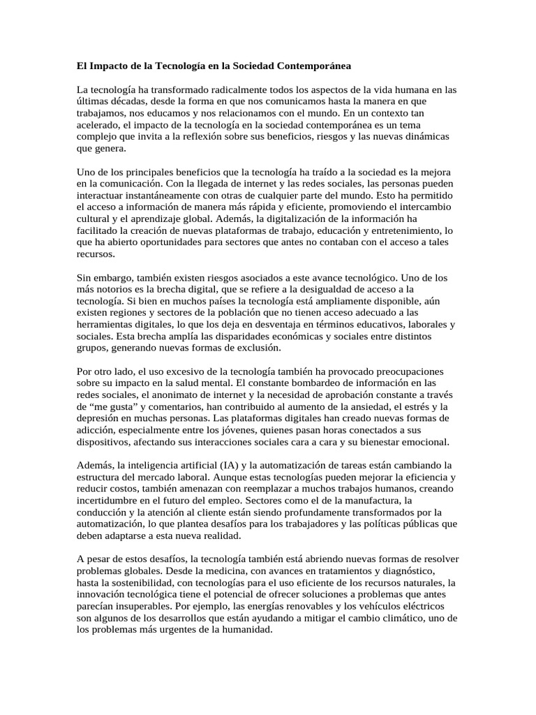 El Impacto de la Tecnología en la Sociedad Contemporánea | PDF ...
