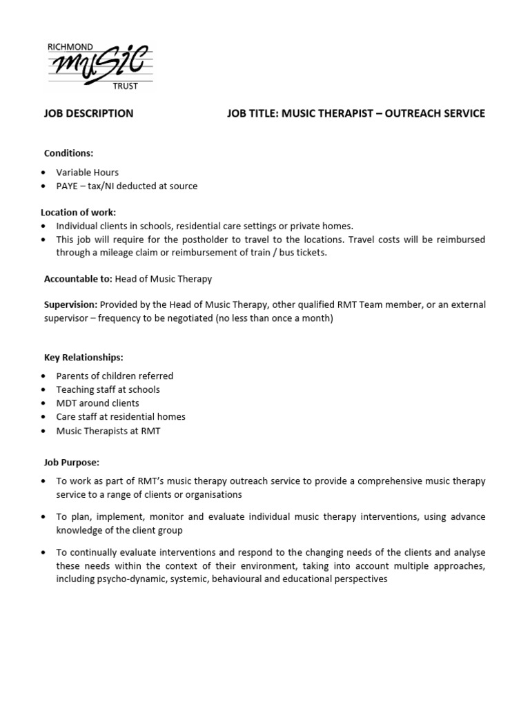 Music Therapist Job Description | PDF | Psychotherapy | Health Care