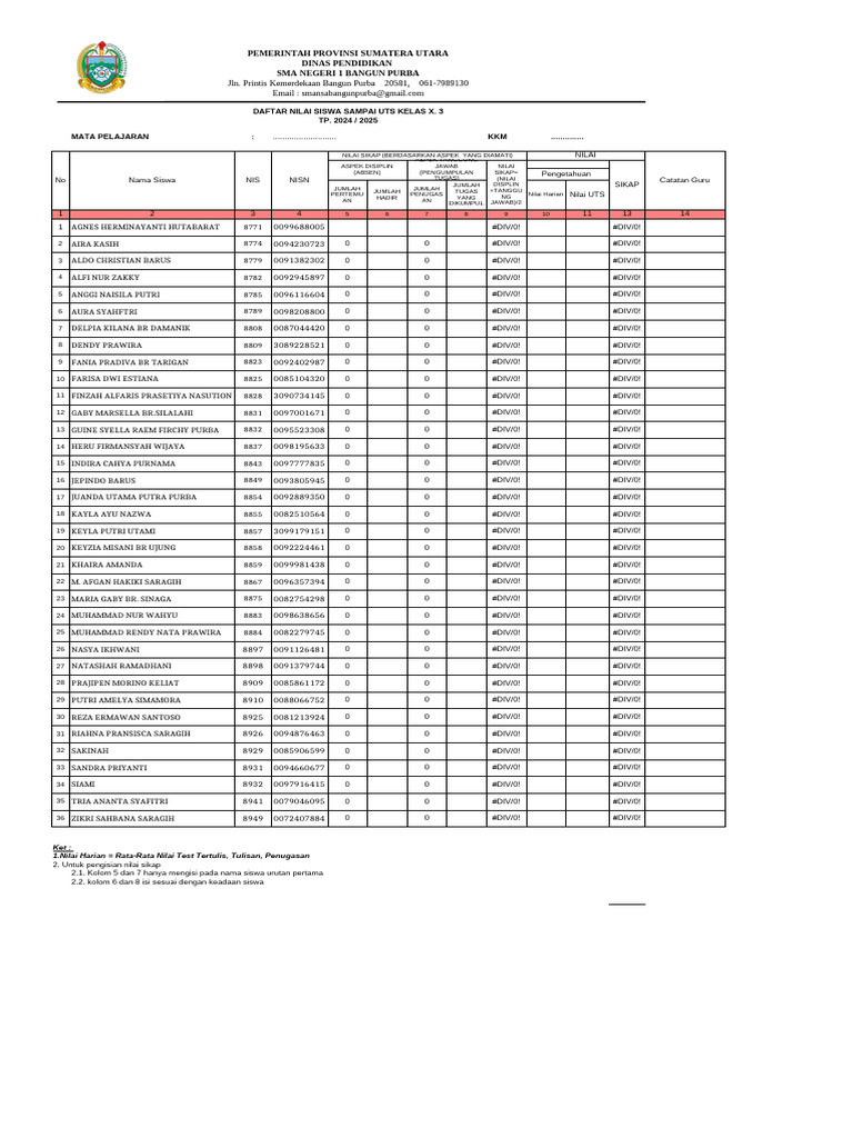Daftar Nilai Siswa Kelas X 3 Uts 2024 2025 Pdf