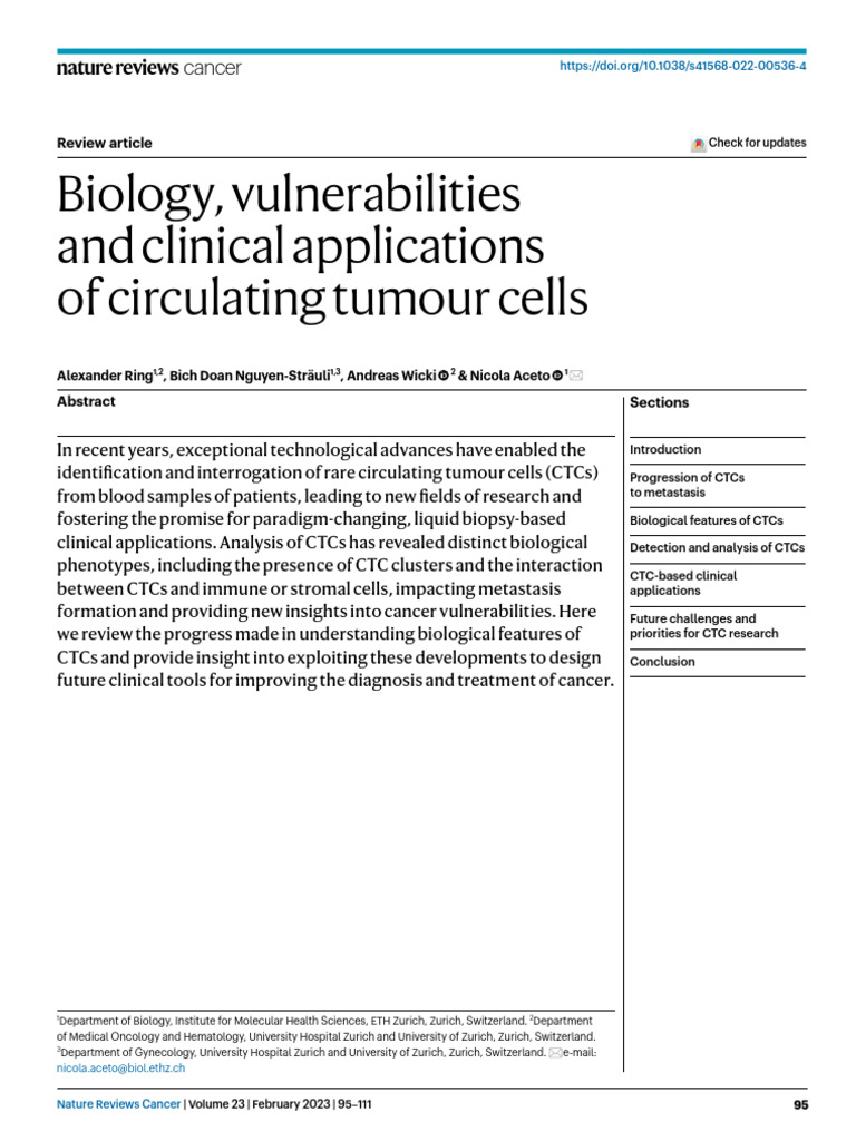 Biology, vulnerabilities and clinical applications of circulating tumour cells ...
