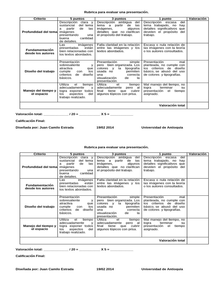 Rubrica para Evaluar Presentaciones | PDF | Rúbrica (Académica)