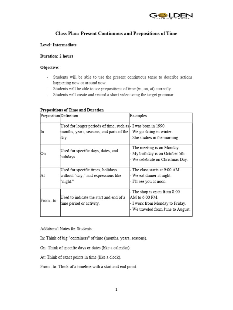 Pres Cont + Prep of Time (Students) | PDF | Syntax | Grammar