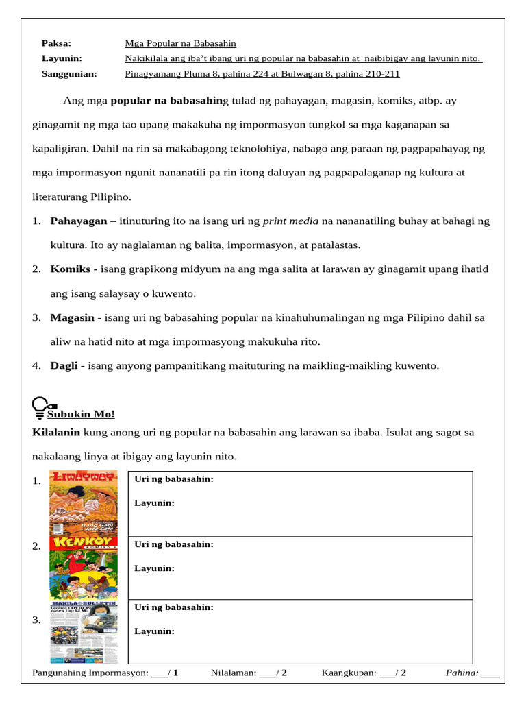 Konsepto ng Aralin #1 - Mga Popular na Babasahin | PDF