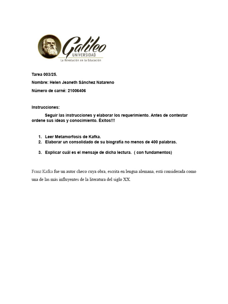 Tarea 003 Literatura | PDF | La metamorfosis | Franz Kafka