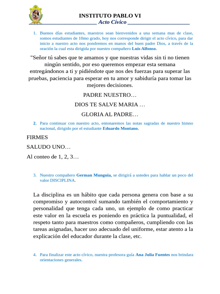 Acto Civico 10mo Grado 2024 | PDF