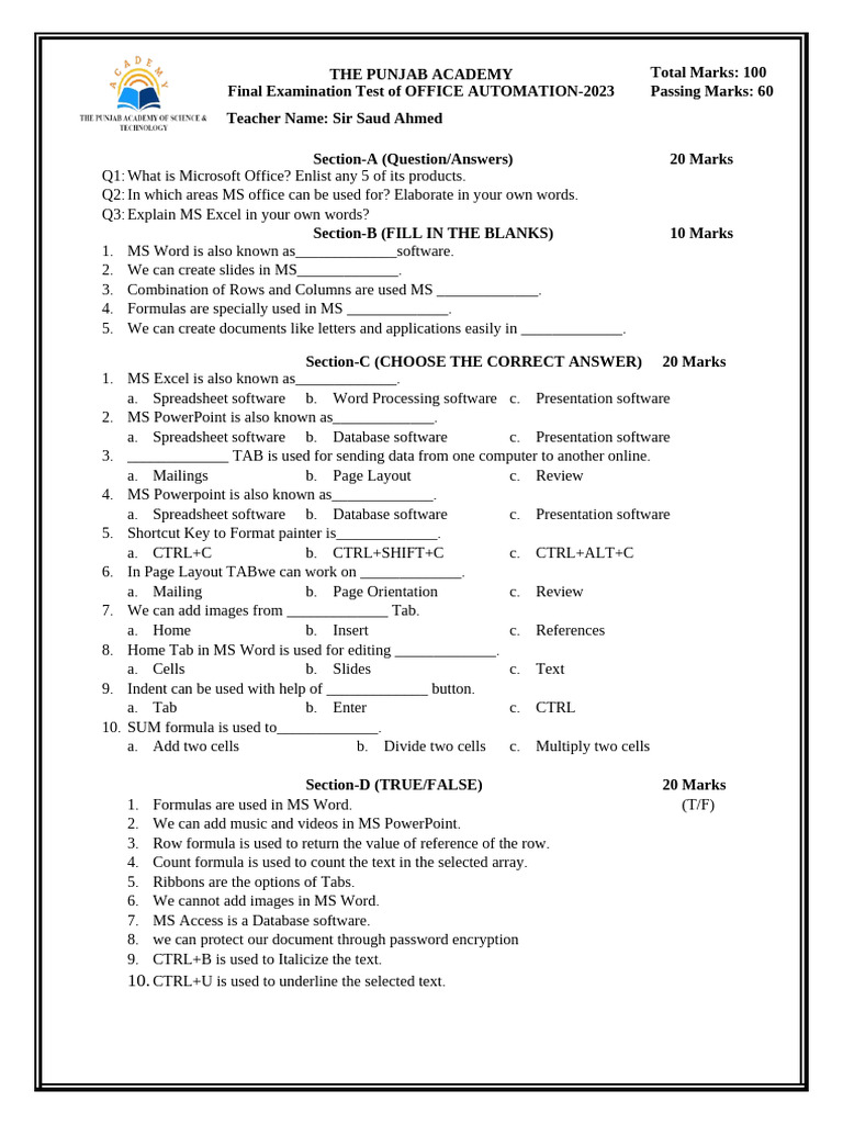 Office Automation Exam 2023 Guide | PDF | Microsoft Word | Microsoft Excel