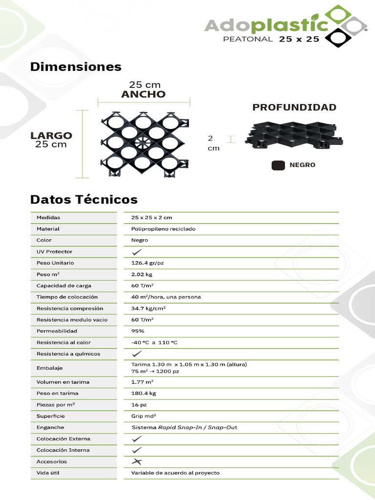 Ficha Técnica Adoplastic Peatonal 25 x 25.pdf | PDF