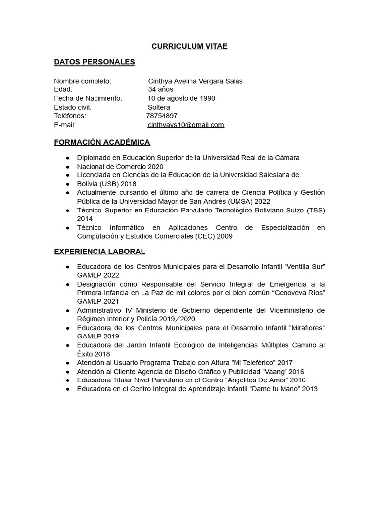 Currículum 2025.docx - Cinthya Vergara Salas | PDF | Educación de la ...