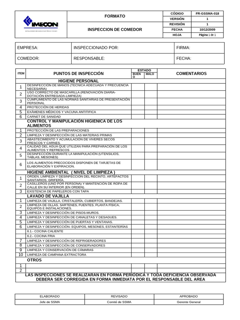 Inspección de Comedor GSSMA | PDF