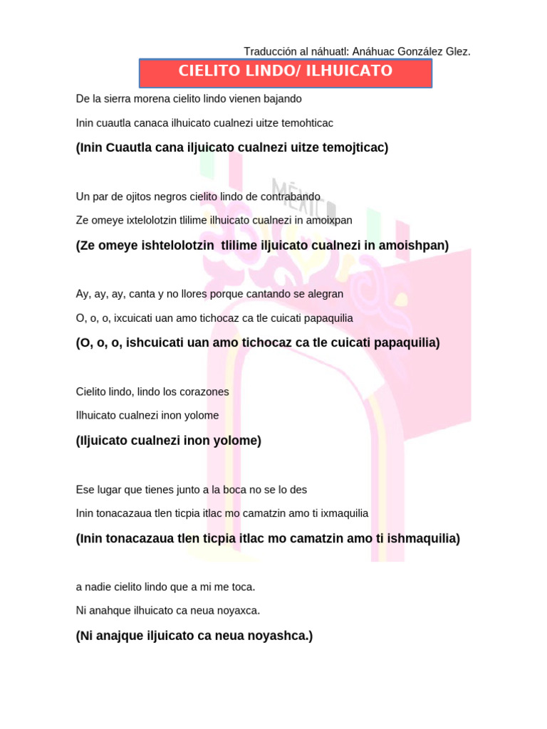 Letra de Cielito Lindo en Náhuatl | PDF