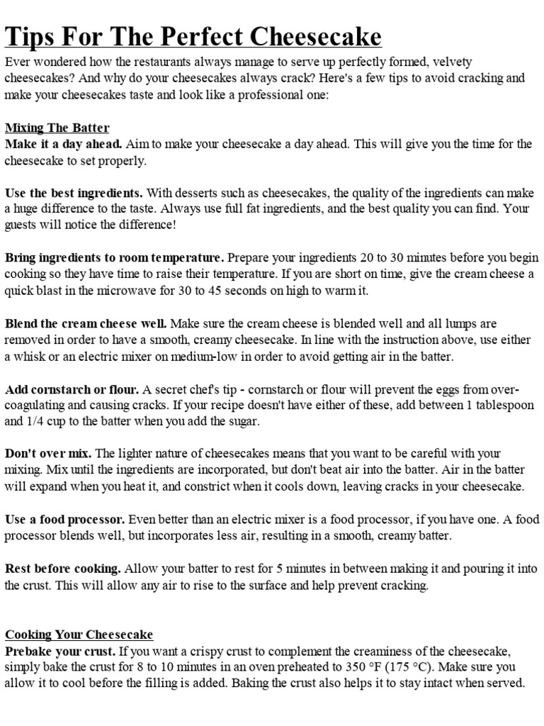 Tips for the perfect cheesecake | PDF | Cheesecake | Baking