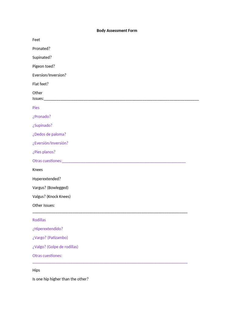 Body Assessment Form Espanish | PDF