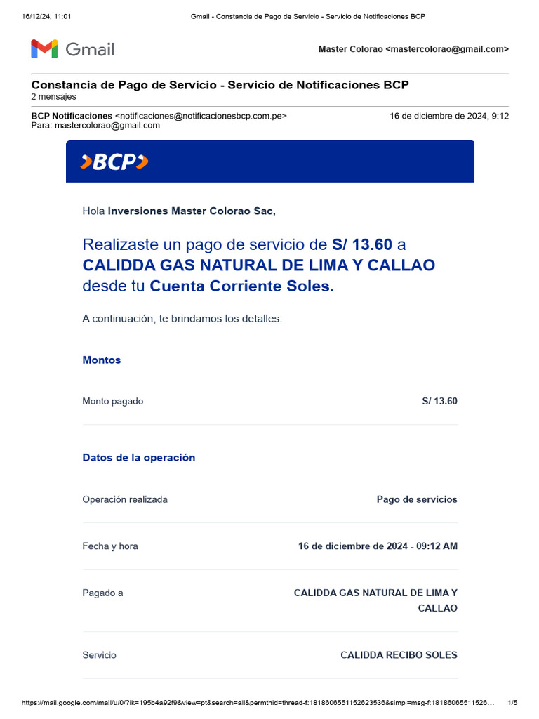 Gmail - Constancia de Pago de Servicio - Servicio de Notificaciones BCP | PDF | Gmail | Informática