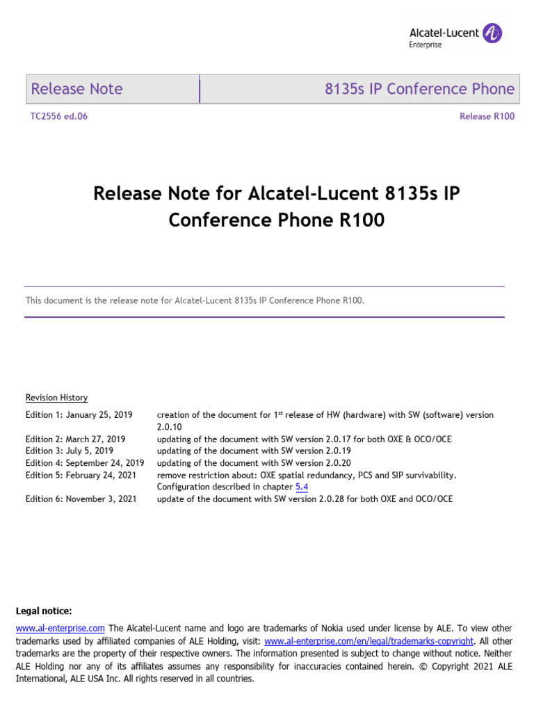 TC2556en-Ed06 Release Note For Alcatel-Lucent 8135s IP Conference Phone ...