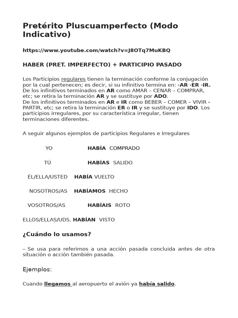 Uso del Pretérito Pluscuamperfecto | PDF