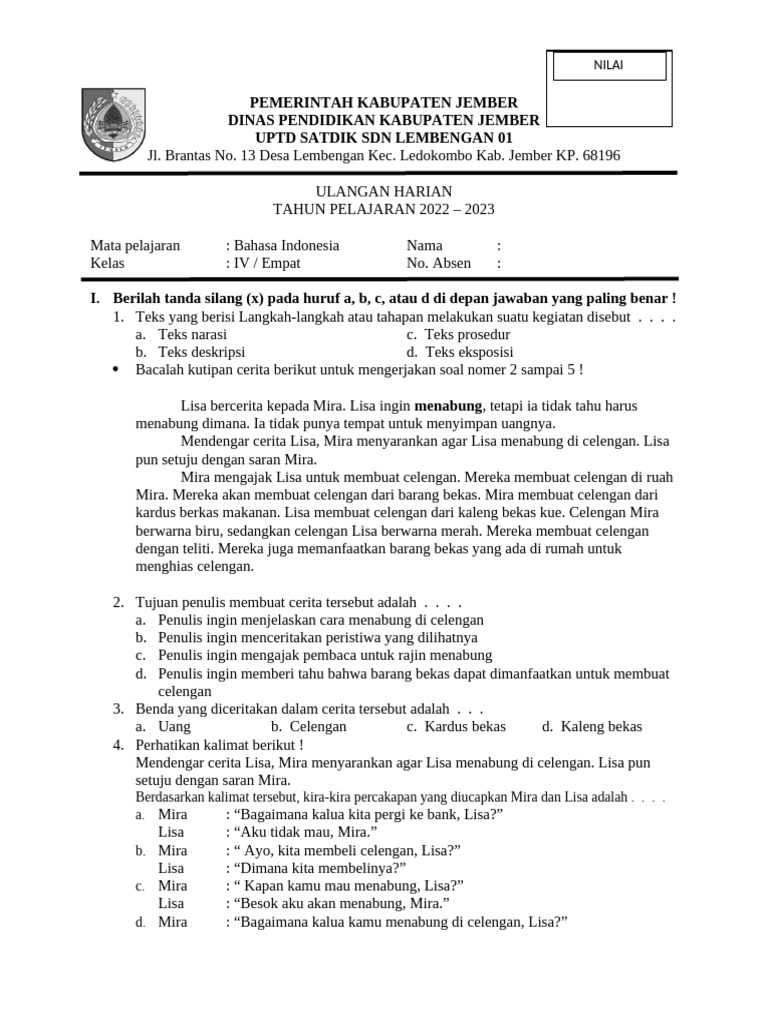 Soal UH BI Bab 5 IKM Kelas 4 | PDF