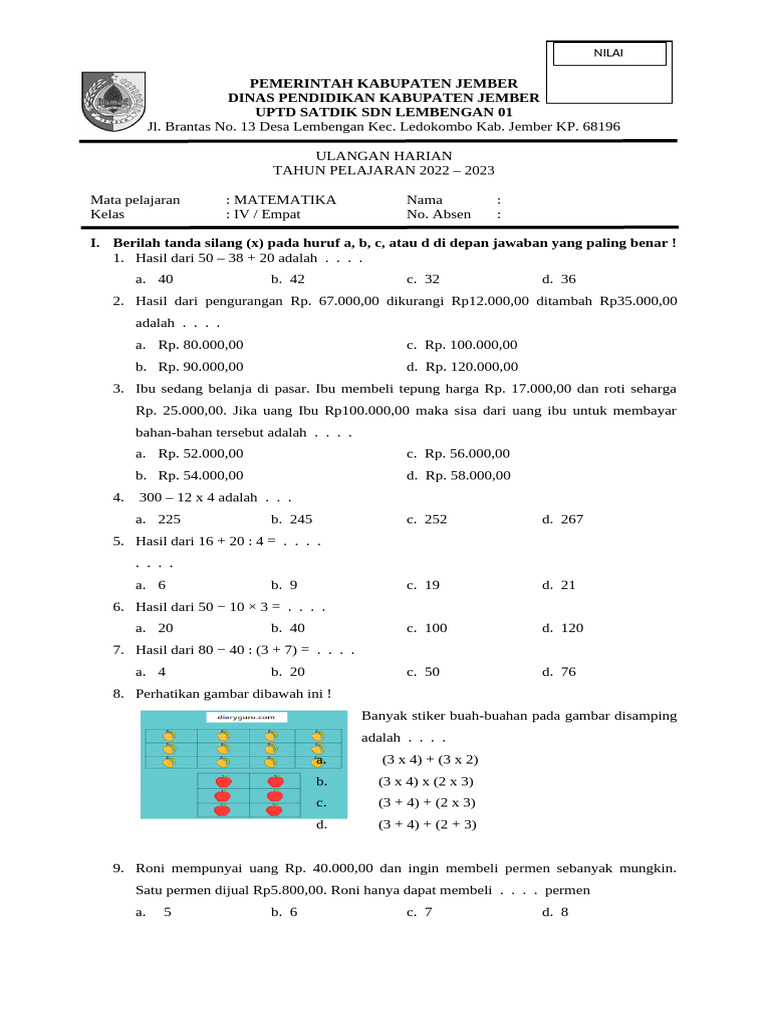 Soal UH MATEMATIKA Bab 5 IKM Kelas 4 | PDF