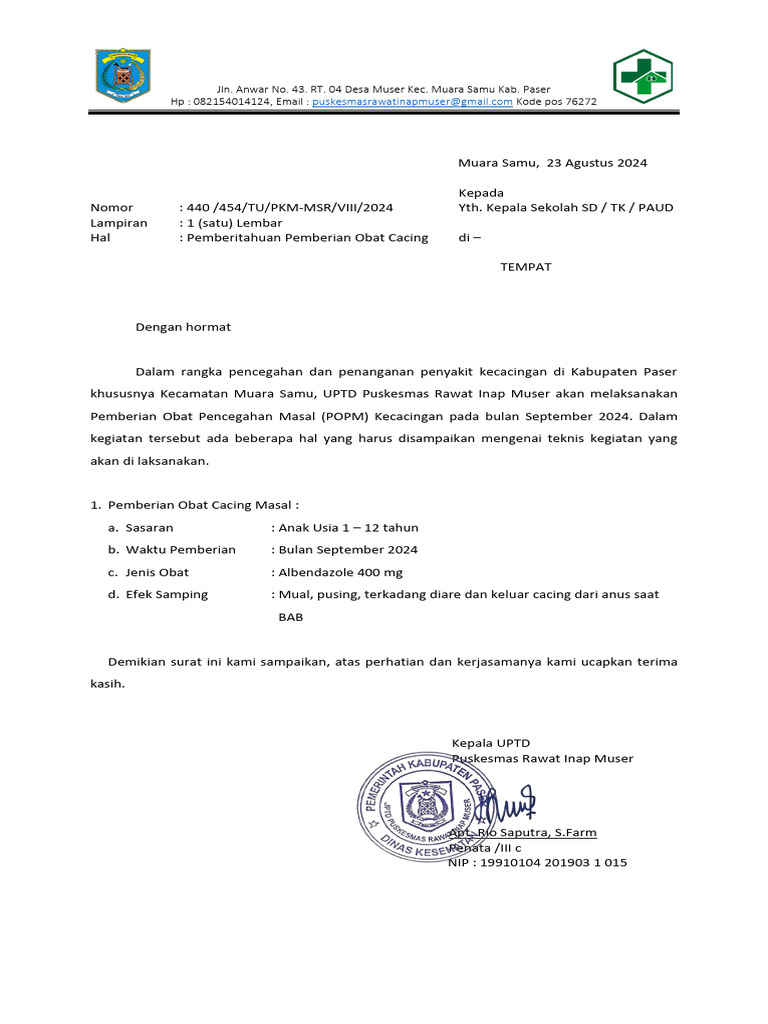 Surat Pembagian Cacing September 2024 | PDF