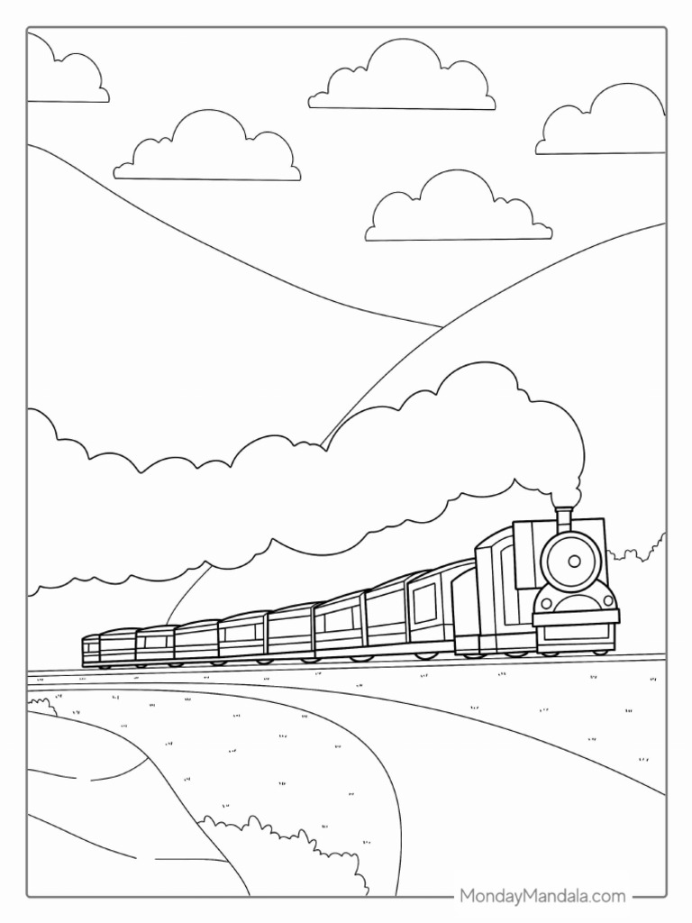 Coloring Page of A Steam Train and Carriage Near Mountains | PDF