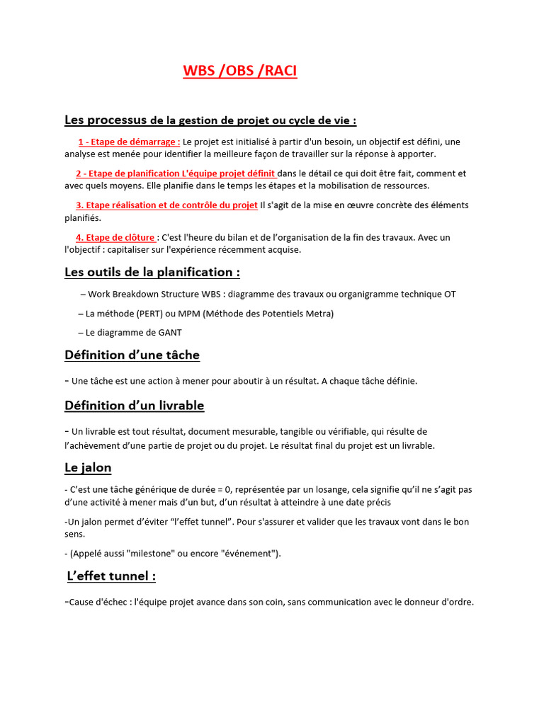 Outils de gestion de projet WBS/OBS/RACI | PDF | Planification