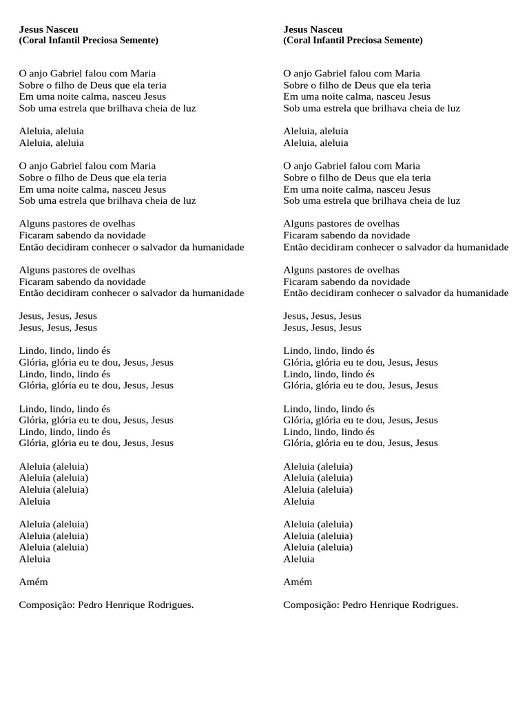 Letra Da Música Jesus Nasceu | PDF | Jesus | Maria, mãe de Jesus