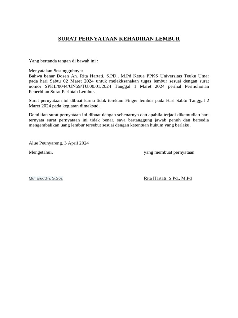 Surat Pernyataan Absen Lembur | PDF