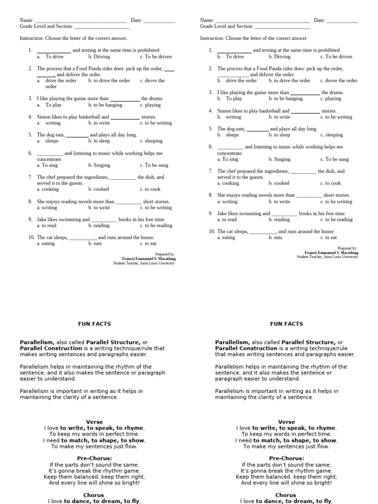 Parallelism in Writing Exercises | PDF | Song Structure