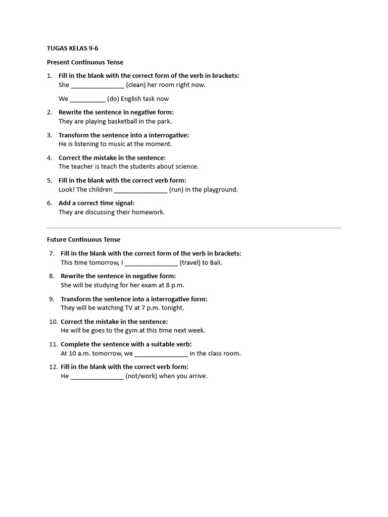 Present and Future Continuous Tense Exercises | PDF