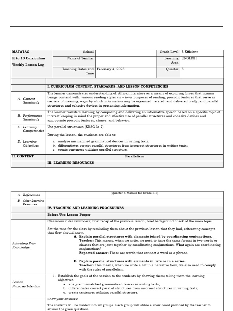 8E DLL Parallel Structures #2 | PDF | Verb | Word