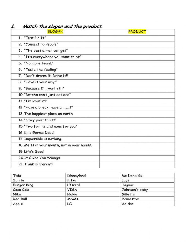 Match The Slogan Worksheet | PDF