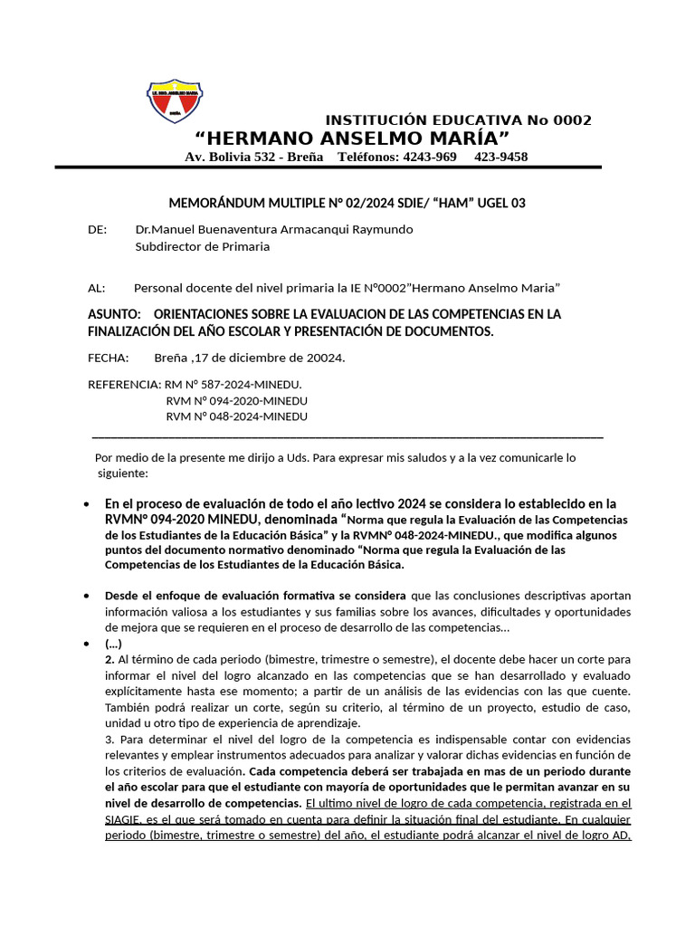 Memorándum Multiple 2024 | PDF | Evaluación | Maestros