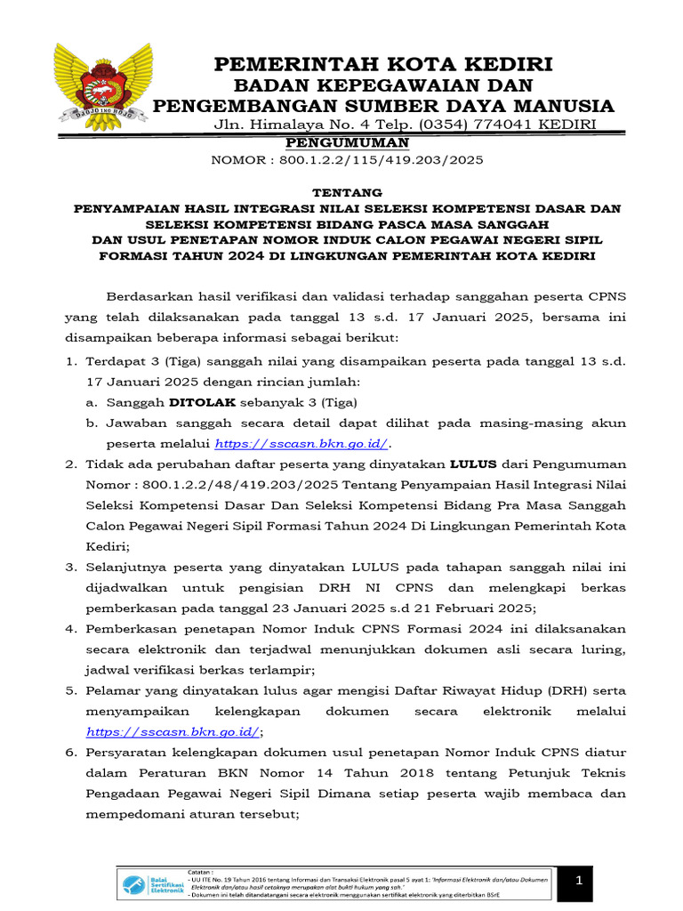 Pengumuman Hasil Integrasi Nilai SKD & SKB Pasca Masa Sanggah Dan Pengusulan NIP CPNS Formasi ...