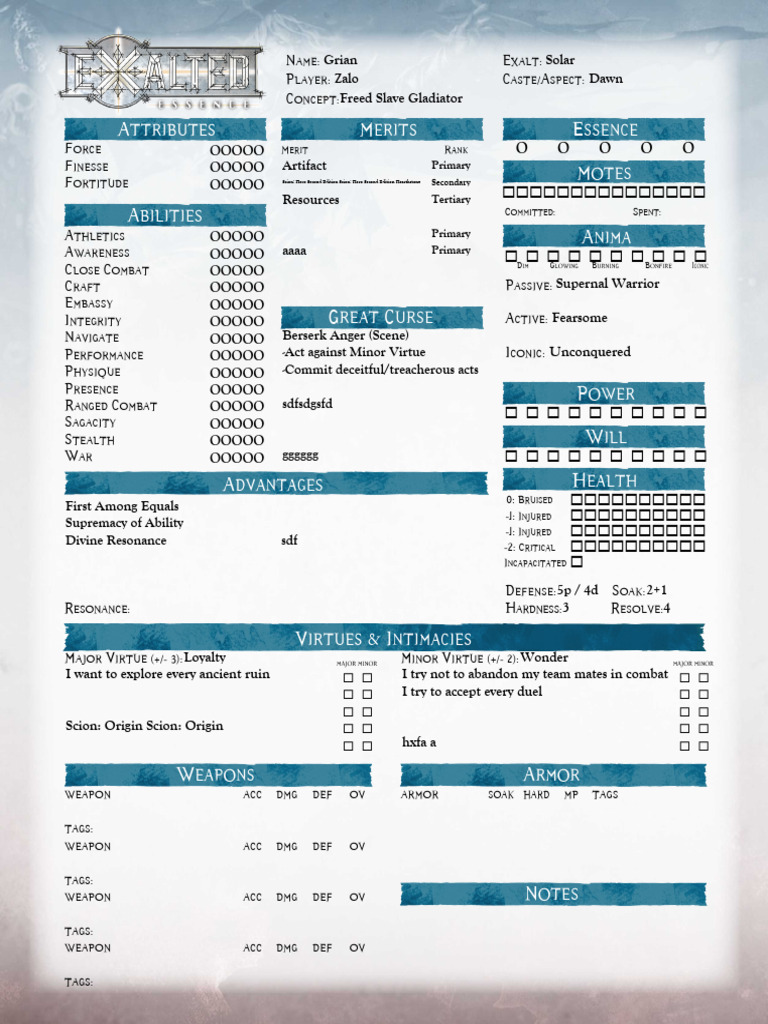 ExaltedEssence 2-Page Interactive | PDF