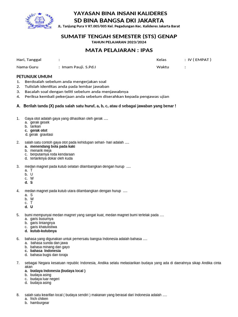 Soal STS Ipas Kelas 4 Semester 2 | PDF
