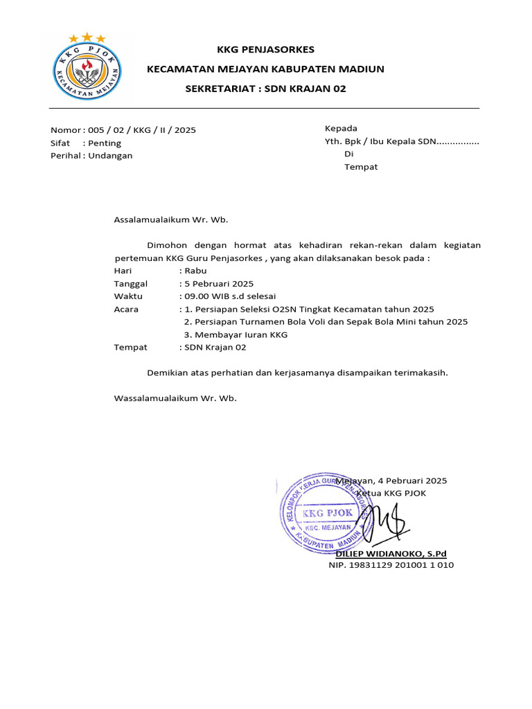 Undangan KKG PJOK Pebruari 2025 | PDF