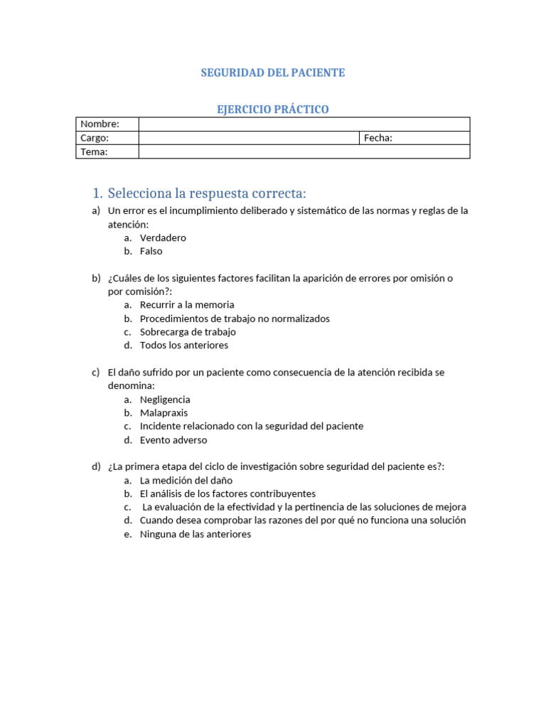 Ejercicio sobre Seguridad del Paciente | PDF | Seguridad del paciente