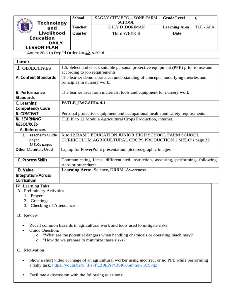 Grade 8 TLE Lesson Plan: Manual Handling | PDF | Safety | Learning