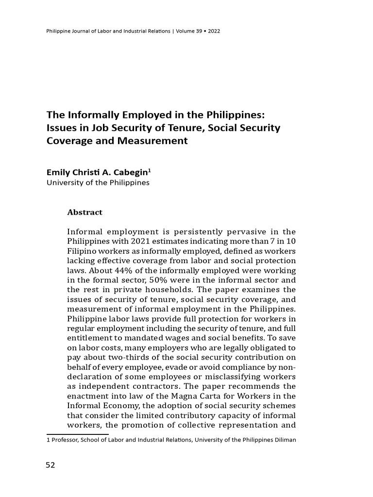 The Informally Employed in The Philippines: Issues in Job Security of ...