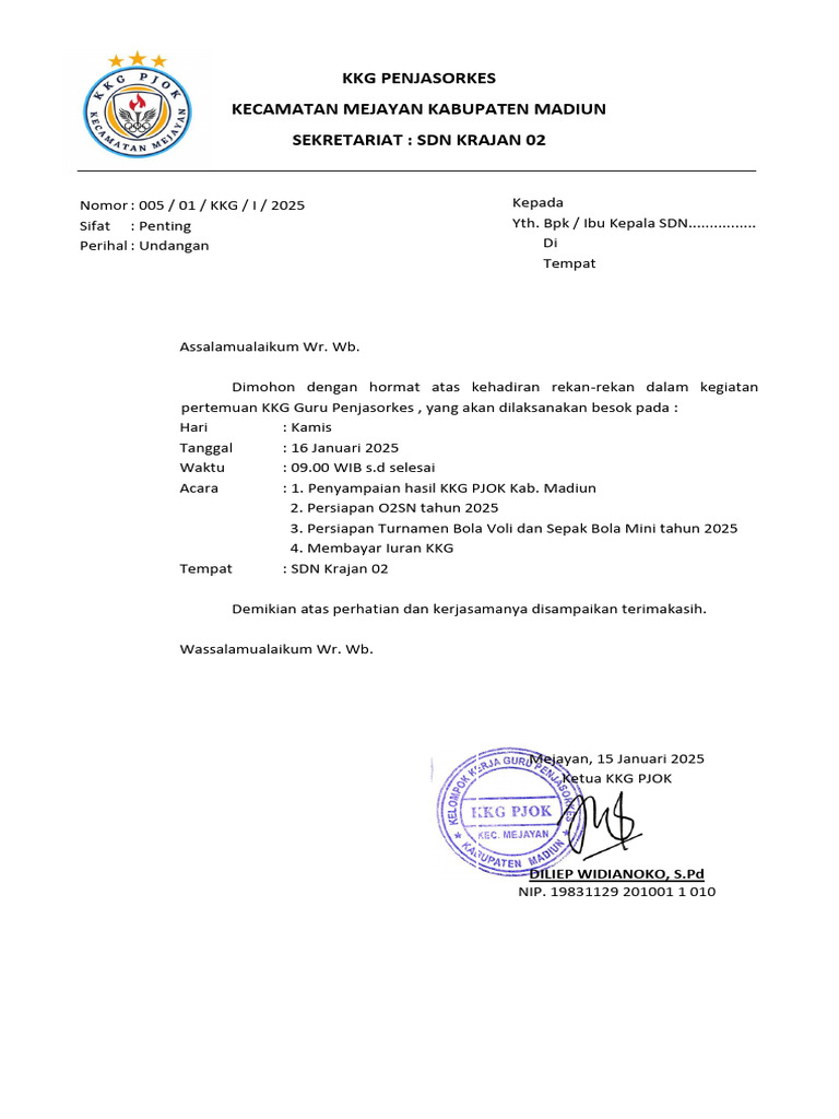 Undangan Pertemuan KKG Penjasorkes 2025 | PDF