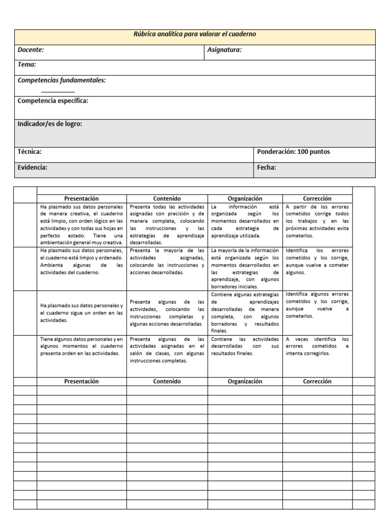 Rúbrica para Valorar Cuadernos | PDF | Rúbrica (Académica) | Aprendizaje