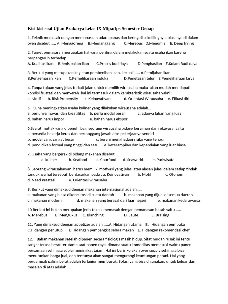 Kisi Kisi Soal Ujian Prakarya Kelas IX Mipa | PDF