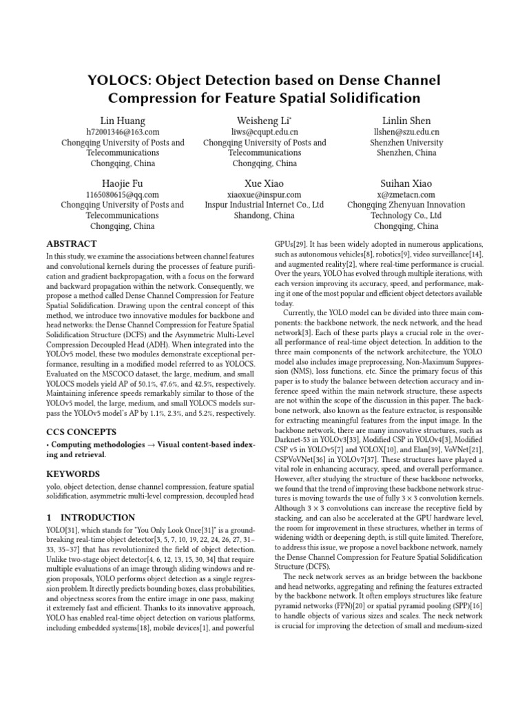 YOLOCS：基于密集通道压缩的特征空间固化目标检测 | PDF | Applied Mathematics | Computing