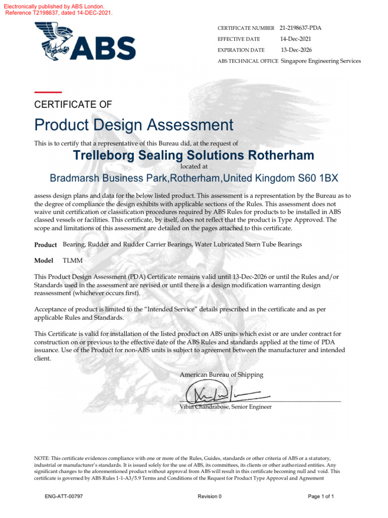 ABS Product Design Assessment Certificate | PDF | Bearing (Mechanical)
