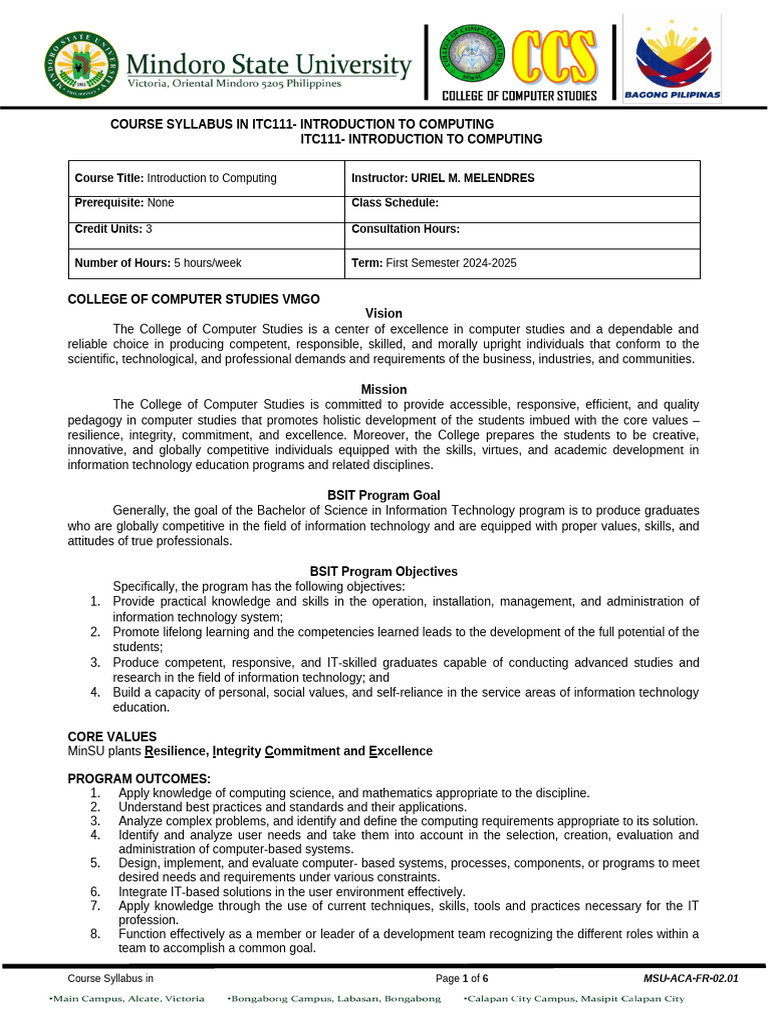 ITC111 Introduction to Computing Syllabus | PDF | Computing | Computer Network